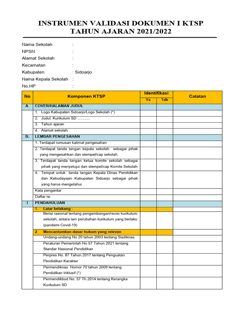 Instrumen Validasi KTSP 2021.2022 | PDF