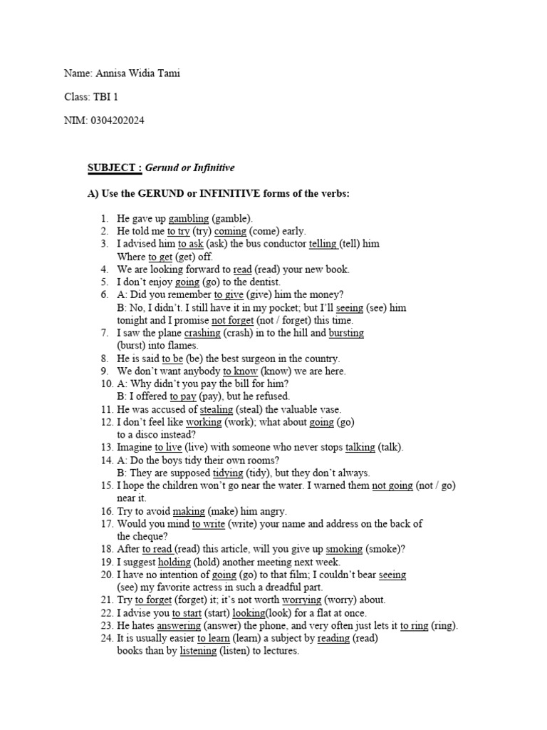 Adv. Structure Gerund Exercise | PDF | Language Arts & Discipline