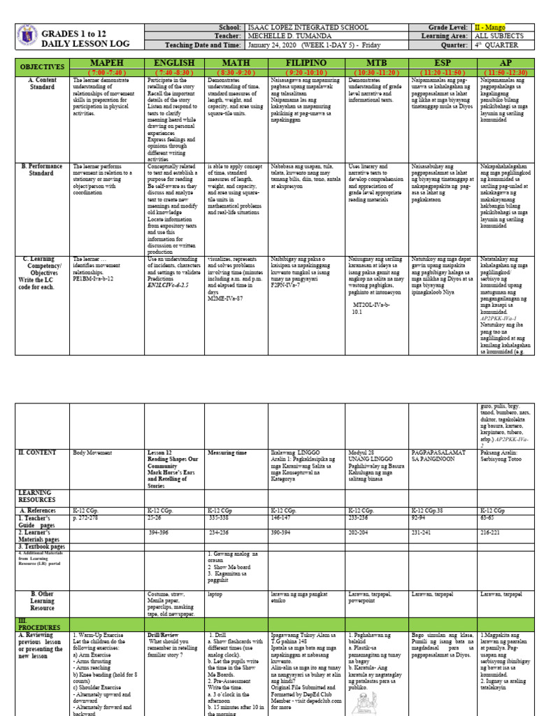 Grade 2 DLL All Subjects Q4 Week 1 Day 5 | PDF