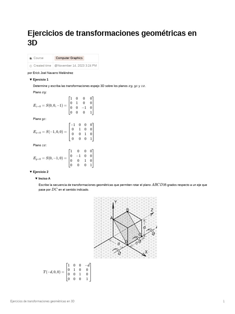 GP - Ejercicios de Transformaciones Geométricas en 3D | PDF | Rotación | Teoría de la matriz