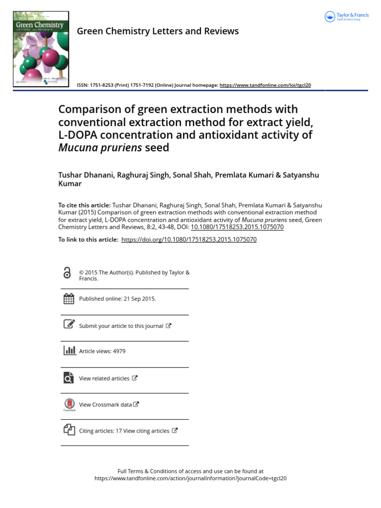 Comparison of Green Extraction Methods With Conventional Extraction Method For Extract Yield L ...