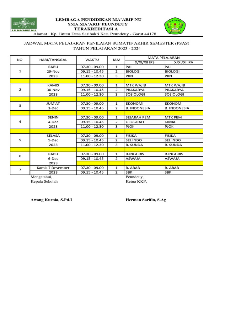Jadwal Mapel Psas 2023-2024 | PDF