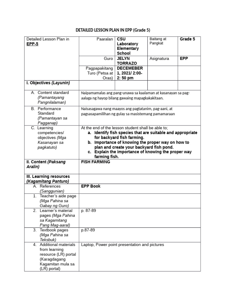 LESSON PLAN Epp | PDF | Pond | Learning