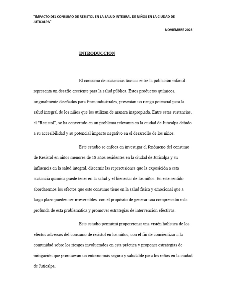 Efectos del Resistol en Niños de Juticalpa | PDF | La dependencia de ...