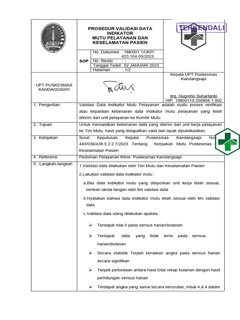 Sop Prosedur Validasi Data Indikator Mutu | PDF