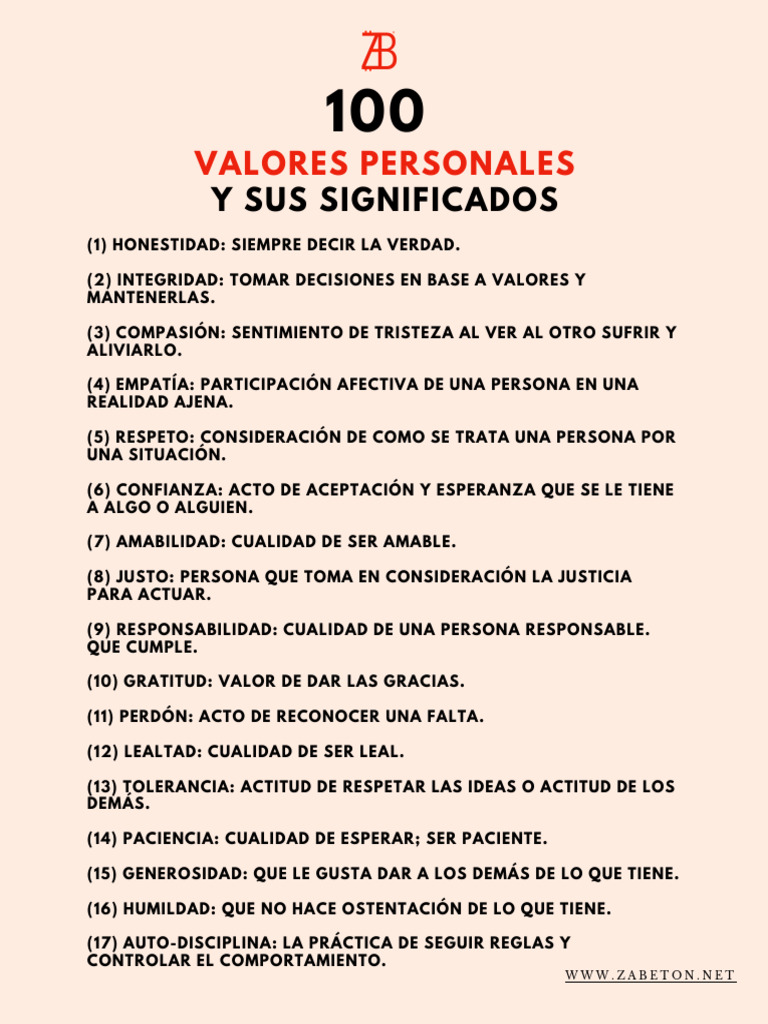 Lista PDF de 100 Valores Personales y Sus Significados | PDF | Justicia ...