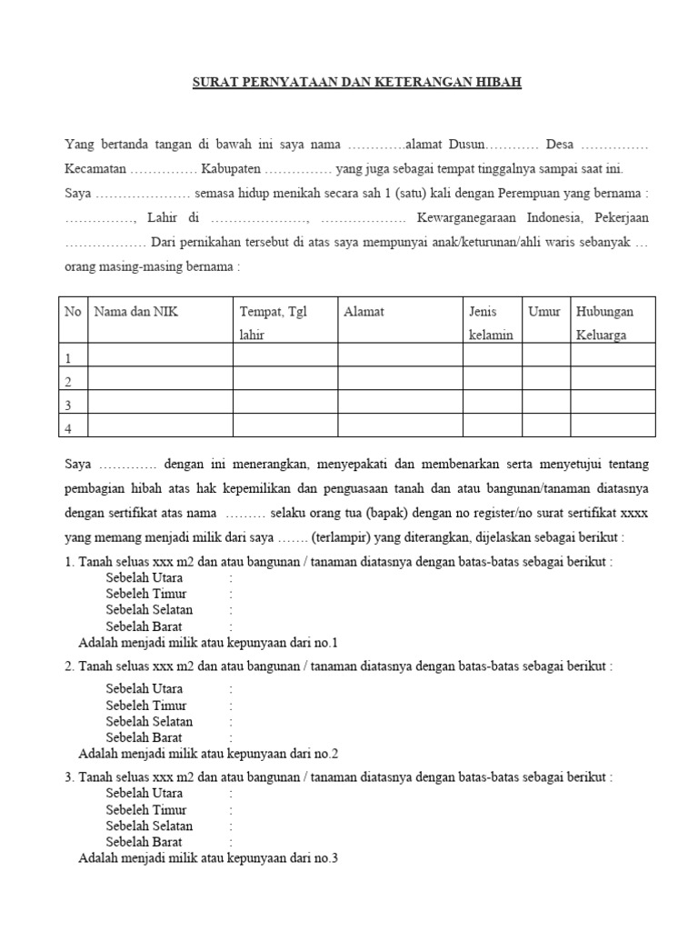 Surat Keterangan HIBAH (Jika Pewaris Masih Hidup) | PDF