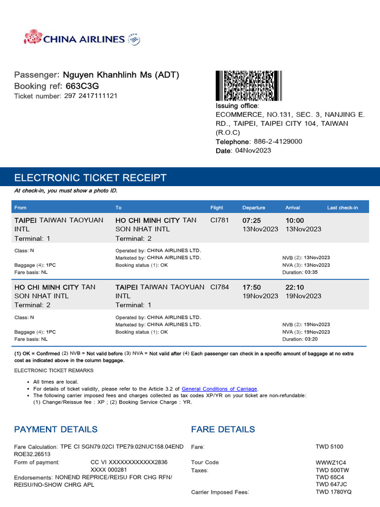 China Airlines E-Ticket Confirmation | PDF | Business Class | Airlines