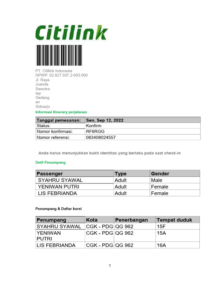 Yeniwan, Syahru, Lis Citi Pulang | PDF