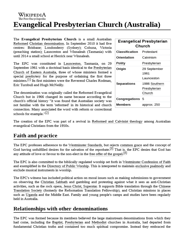 Evangelical Presbyterian Church (Australia) | PDF | Western ...