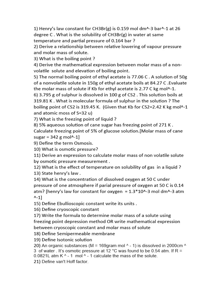 Class 12 (Solution Chapter) HSC PYQs | PDF | Quantity | Statistical Mechanics