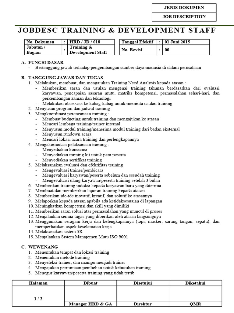 HRD - jd.018 Training & Development Staff | PDF