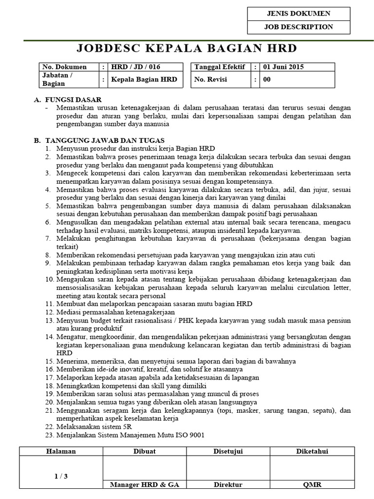 HRD - jd.016 Kepala Bagian HRD | PDF | Karier & Perkembangan
