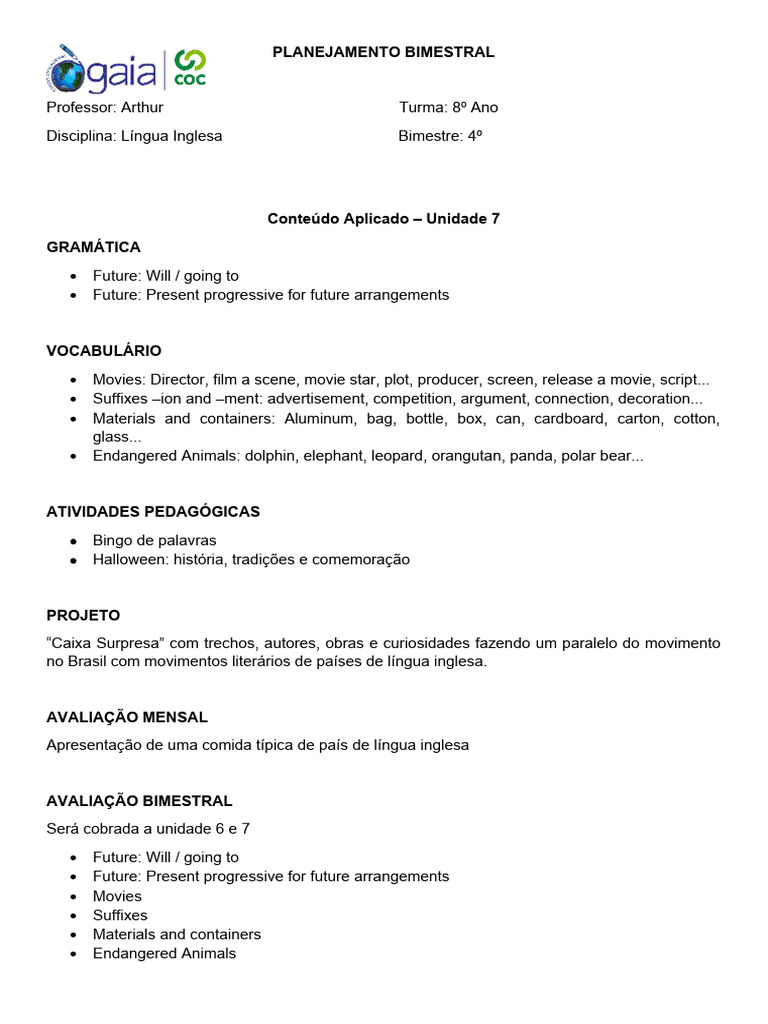 PLANEJAMENTO BIMESTRAL DE INGLÊS - 8º Ano - 4º Bimestre | PDF