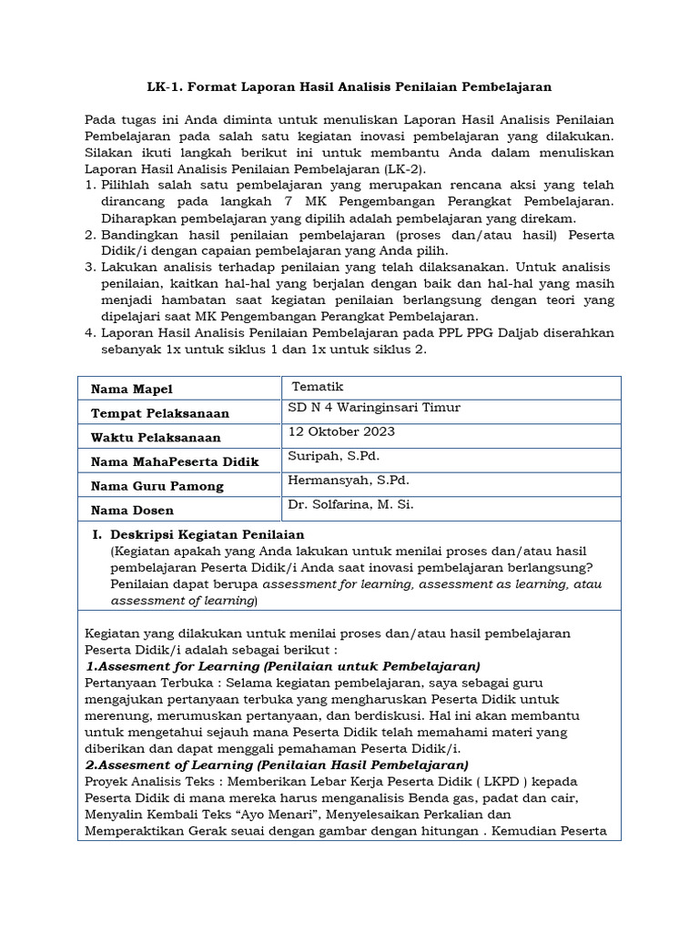 Format Hasil Asesmen Pembelajaran | PDF