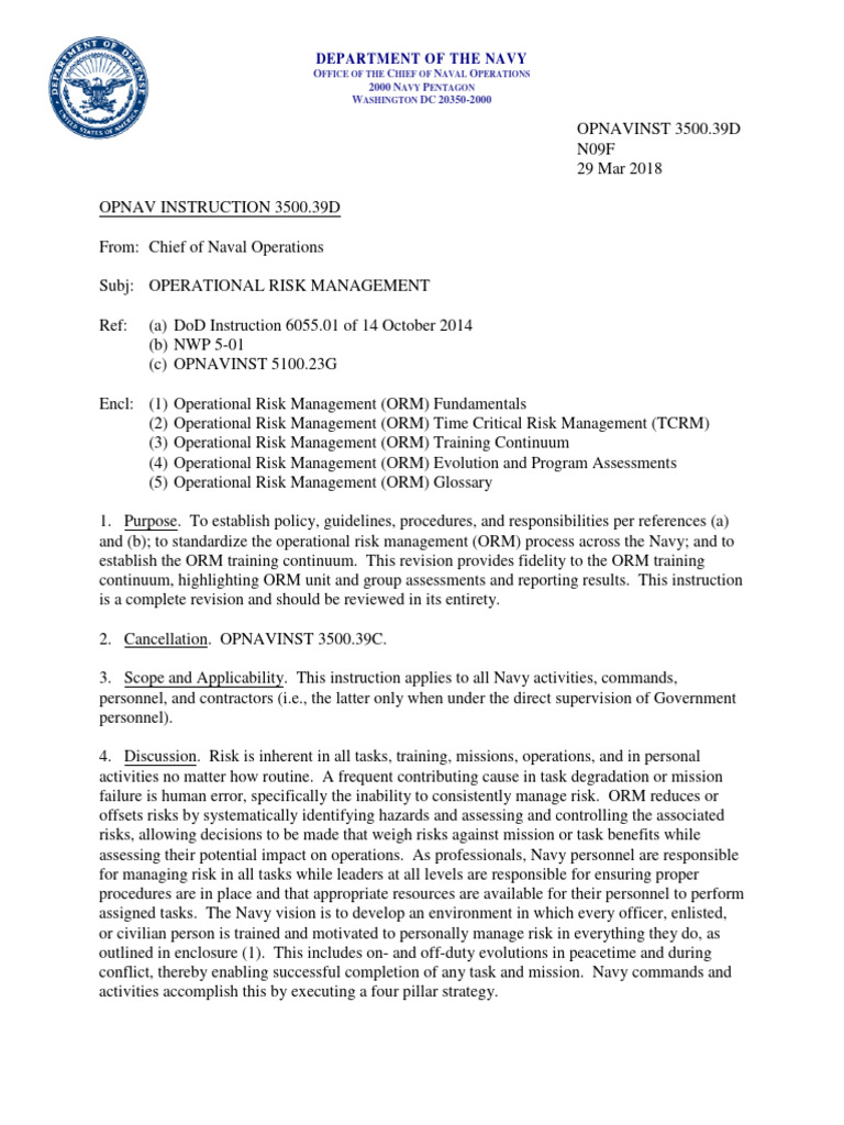 Department of The Navy: O C N O 2000 N P W DC 20350-2000 | PDF | Risk | Risk Assessment