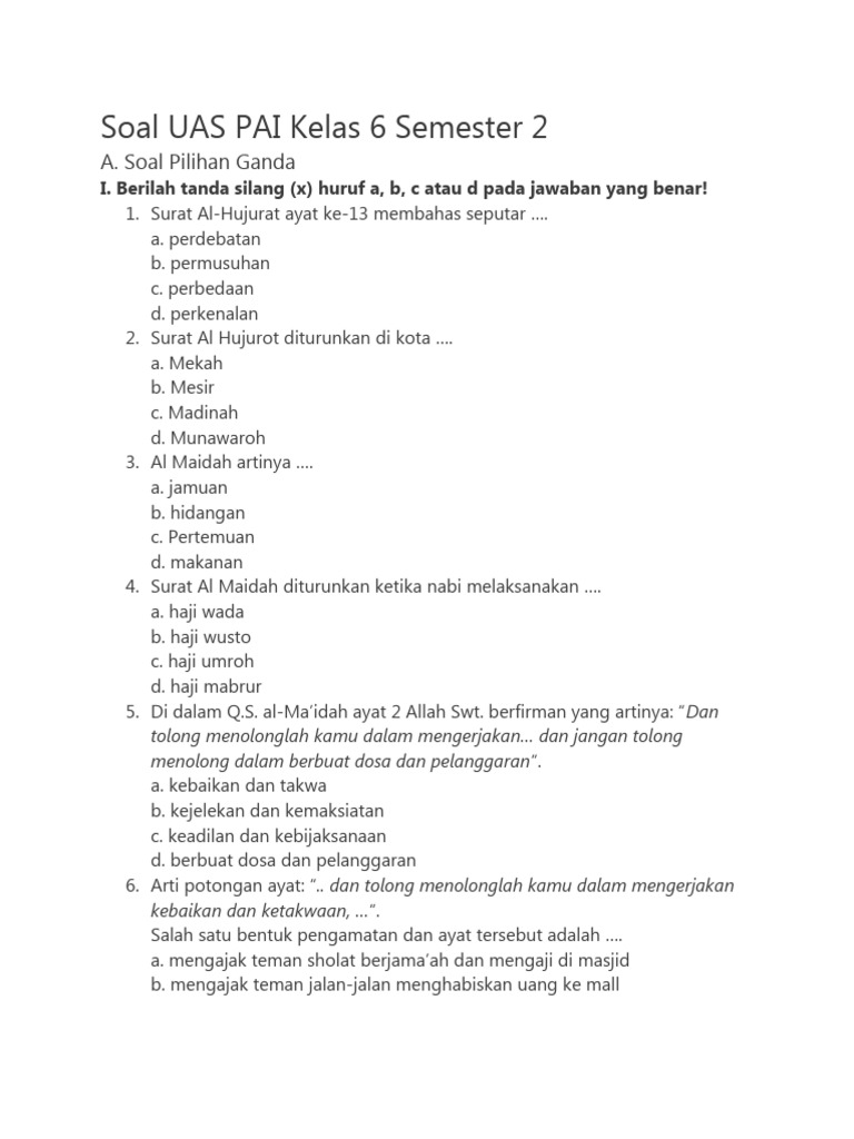 Soal UAS PAI Kelas 6 Semester 2 | PDF