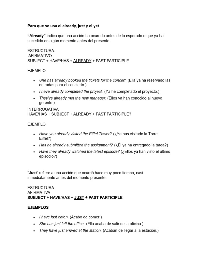 Uso de Already, Just y Yet en Inglés | PDF | Artes del Lenguaje y ...