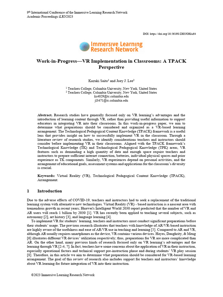 iLRN 2023 Paper 88 DP Final DOI | Download Free PDF | Virtual Reality | Pedagogy