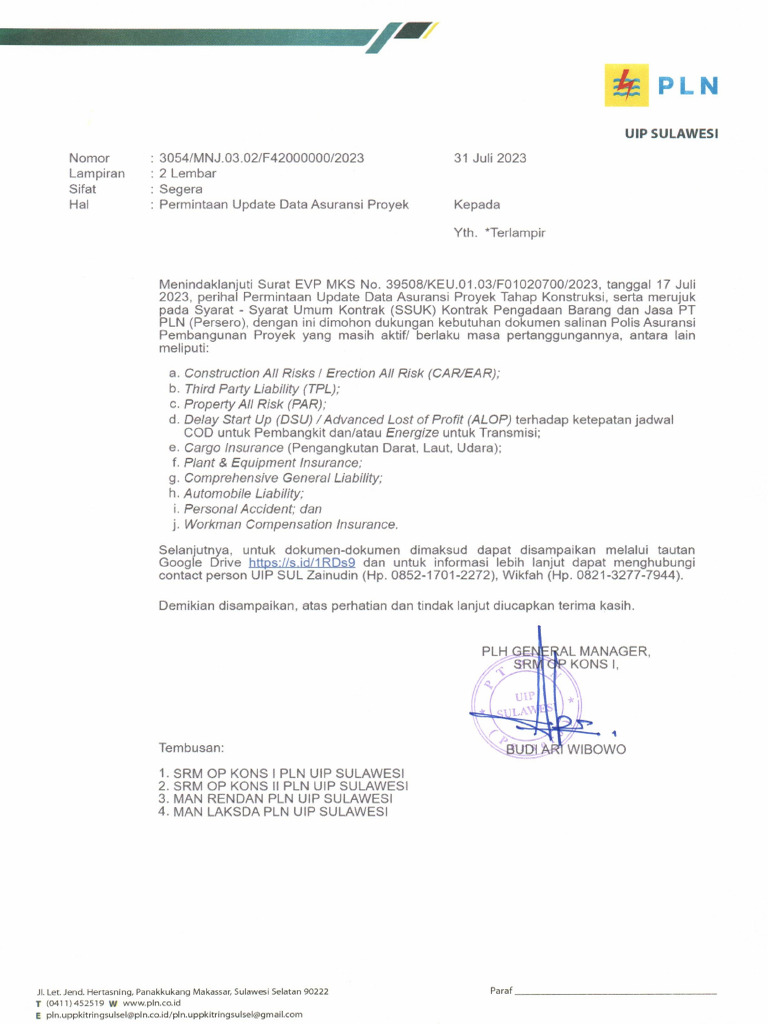 3054 MNJ 03 - Permintaan Update Data Asuransi Proyek - UIP SUL | PDF 3054 MNJ 03 - Permintaan Update Data Asuransi Proyek - UIP SUL | PDF