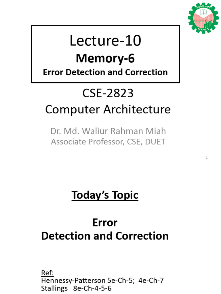 Lec 10 Memory 6 Comparch Pdf Error Detection And Correction Computer Architecture