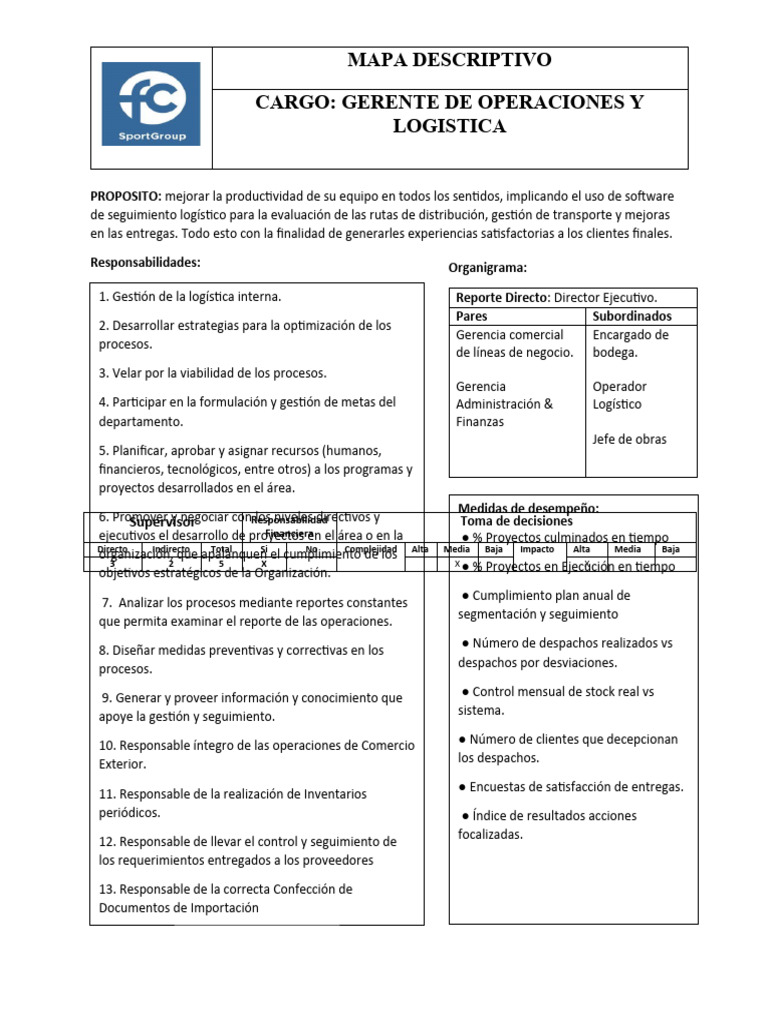 Descriptor de Cargo de Gerencia de Operaciones Logisticas | PDF | Logística | Economias