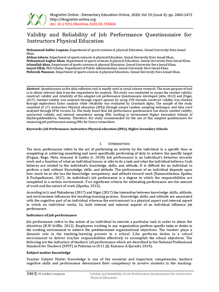 Job Performance Questionnaire | PDF | Validity (Statistics) | Teachers