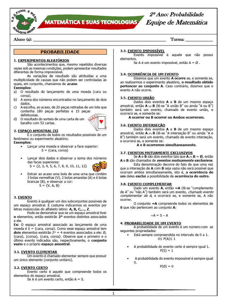 Probabilidade - 2o Ano - 2a Atividade | PDF | Probabilidade | Conjunto (Matemática)