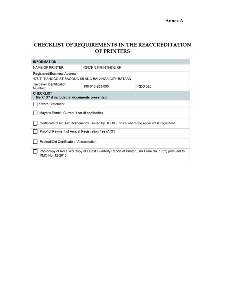 Printer Reaccreditation Checklist | PDF | Finance & Money Management