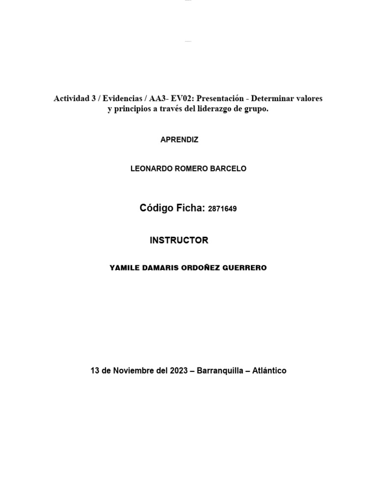 Aa3 Ev02 Presentacion Determinar Valores y Principios A Traves Del Liderazgo de Grupo | PDF ...