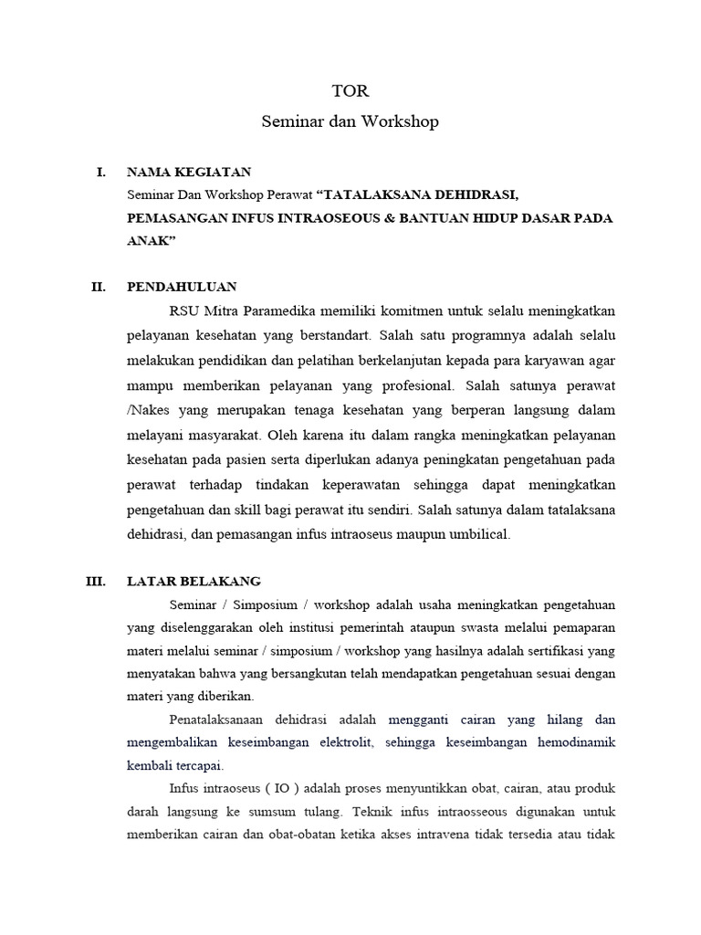 Tor Seminar Dan Workshop " Tatalaksana Dehidrasi, Pemasangan Infus Intraoseous BHDL" | PDF