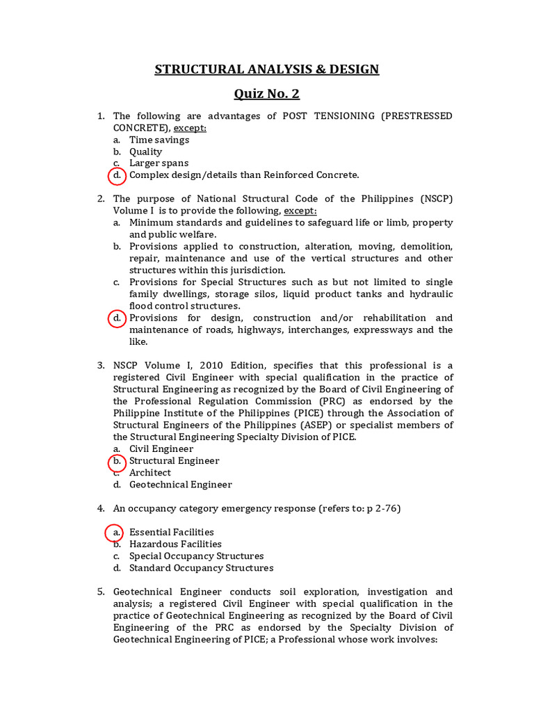 Answer Key Structural Quiz 2 | PDF | Beam (Structure) | Concrete