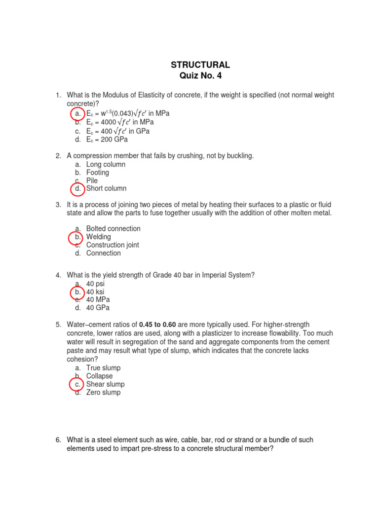 Answer Key Structural Quiz 4 | PDF | Concrete | Beam (Structure)