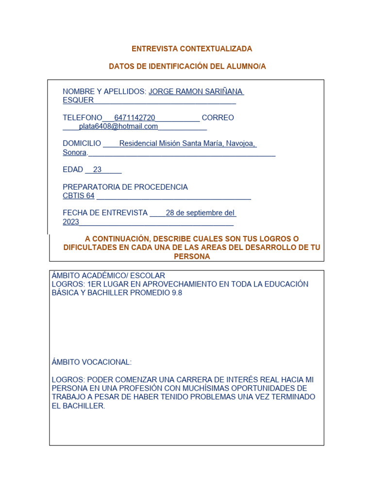 Formato Entrevista Contextualizada Contestada | PDF | Crecimiento ...