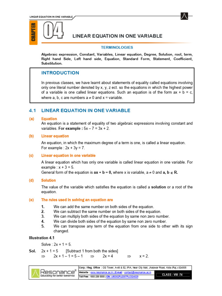 Class 8: Linear Equations Overview | PDF | Equations | Variable ...