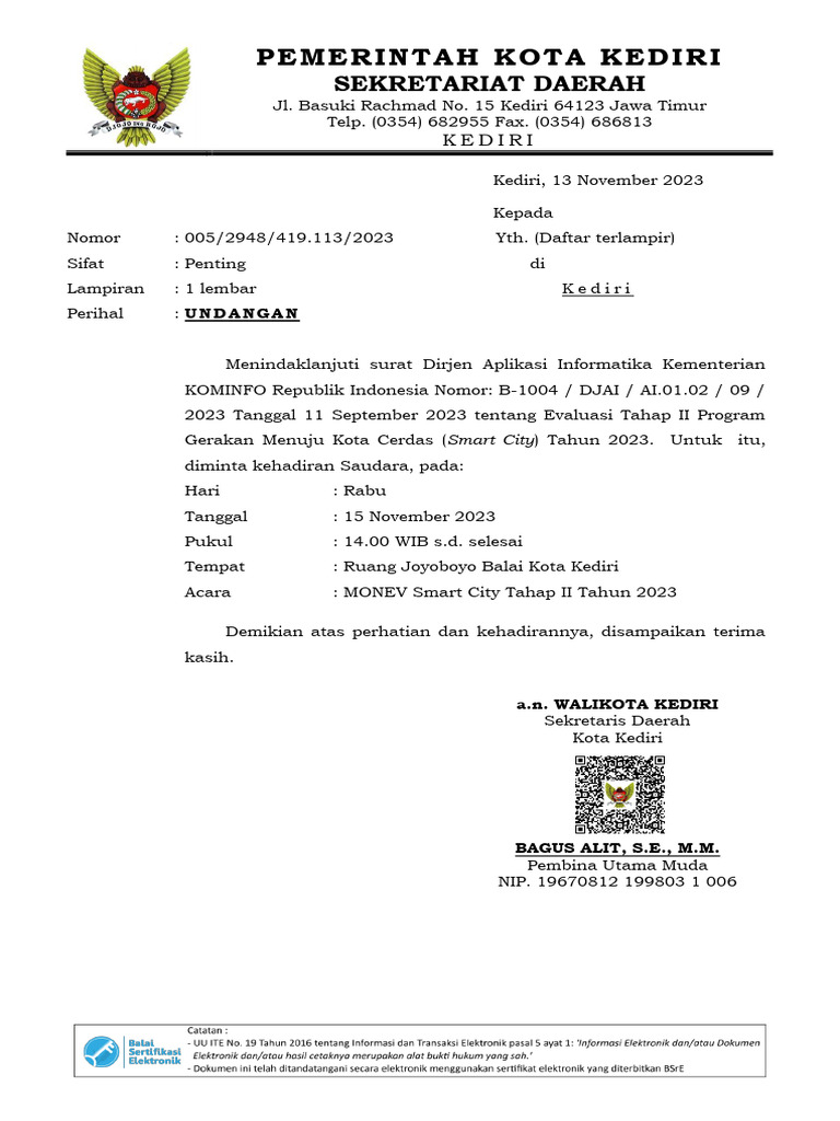 Undangan MONEV Smart City Kediri | PDF