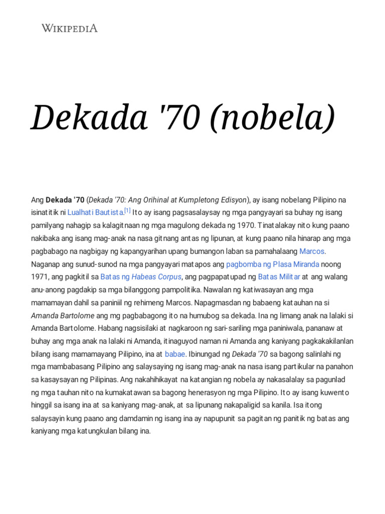 Dekada '70 (Nobela) - Wikipedia, Ang Malayang Ensiklopedya | PDF