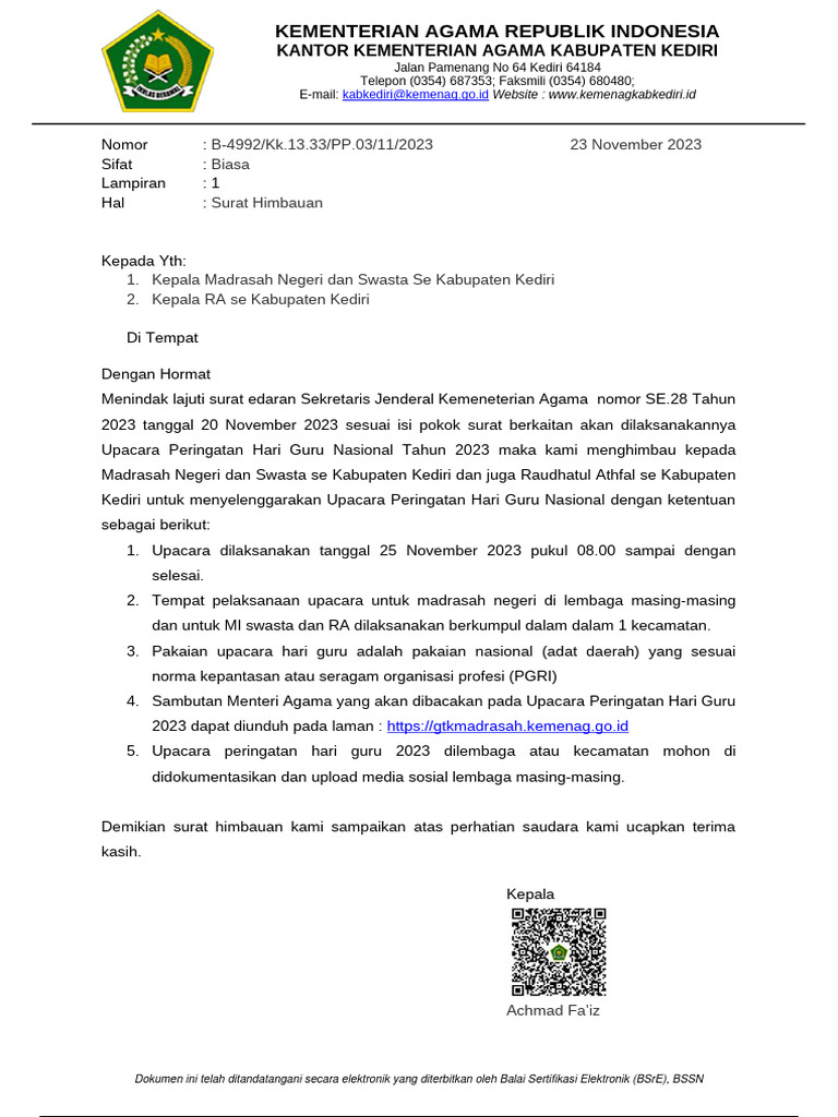 Himbauan Upacara Hari Guru 2023 | PDF
