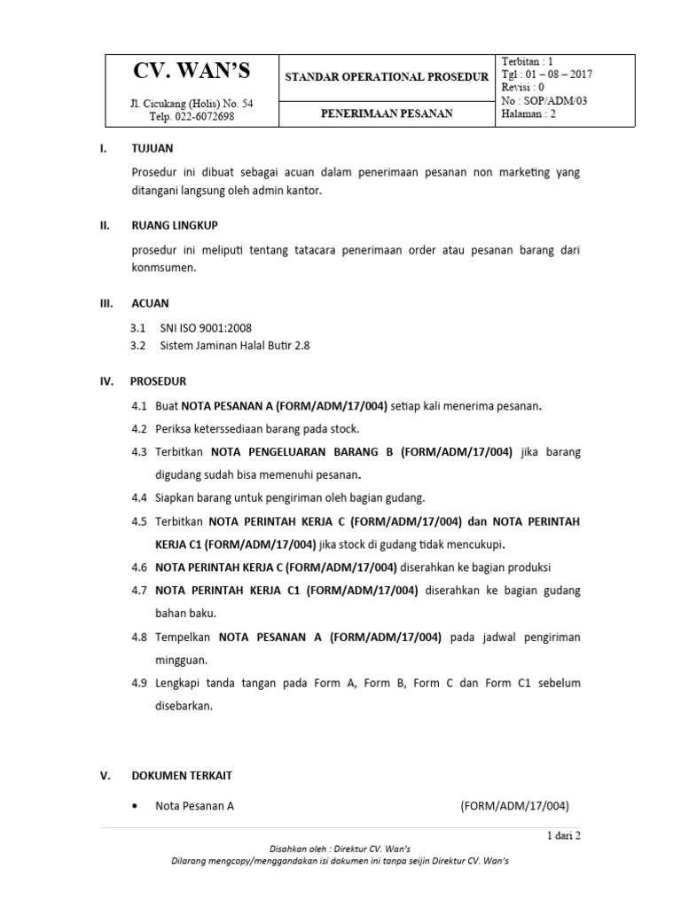 SOP-ADM-03-Rev1 - PENERIMAAN PESANAN | PDF