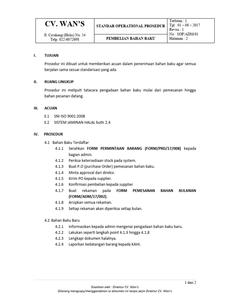 SOP-ADM-01-Rev1 - PEMBELIAN BAHAN BAKU | PDF