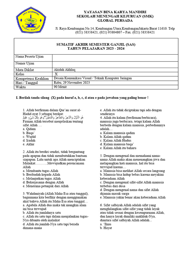 Ujian Akidah Akhlaq SMK 2023 | PDF