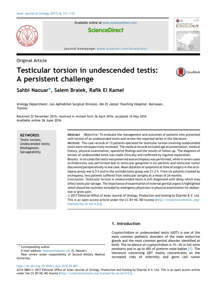 Testicular Torsion In Undescended Testis Pdf Medical Specialties