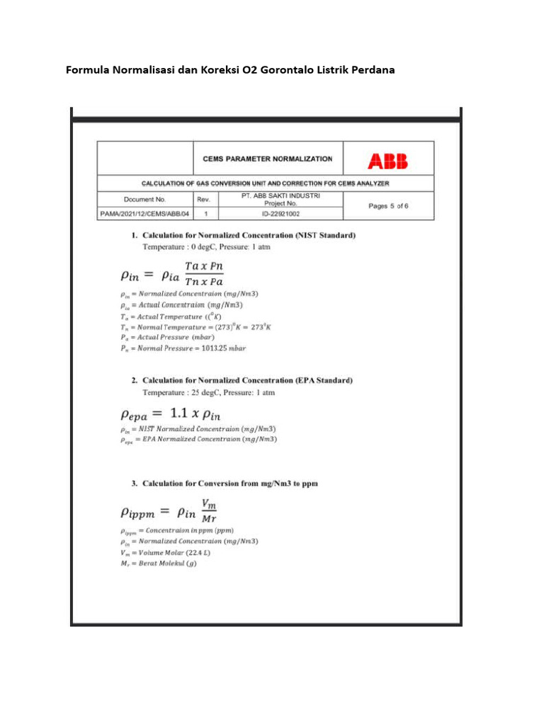 Formula Normalisasi Dan Koreksi O2 | PDF