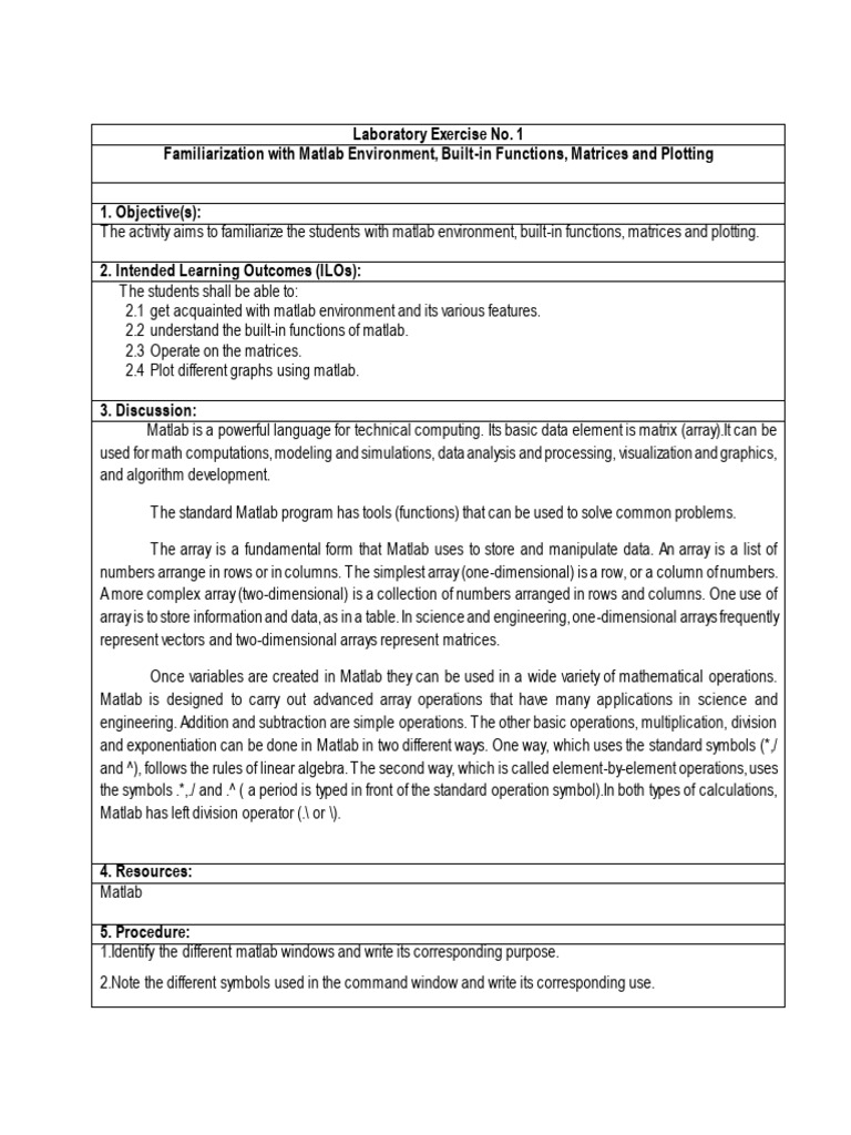 LabExercise 1 - Familiarization With MATLAB | PDF | Matrix (Mathematics) | Matlab
