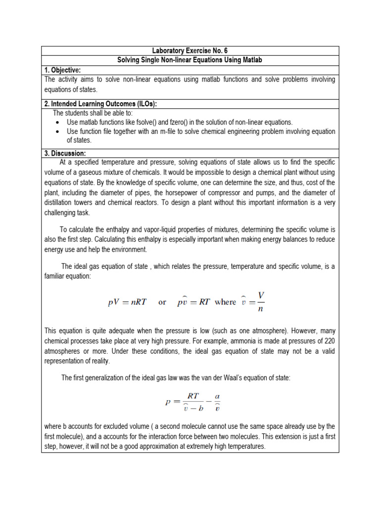 LabExercise 6 - Single Non-Linear Equations | PDF | Continuum Mechanics | Chemistry