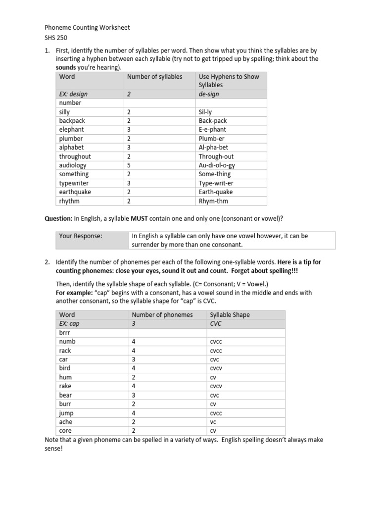 Phoneme Counting Worksheet Rev-2 | PDF | Syllable | Consonant
