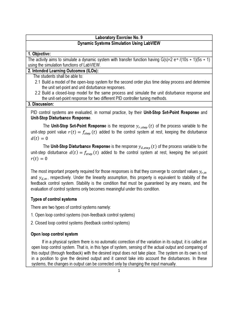 LabExercise 9 - Dynamic Systems Simulation | PDF | Control Theory | Feedback