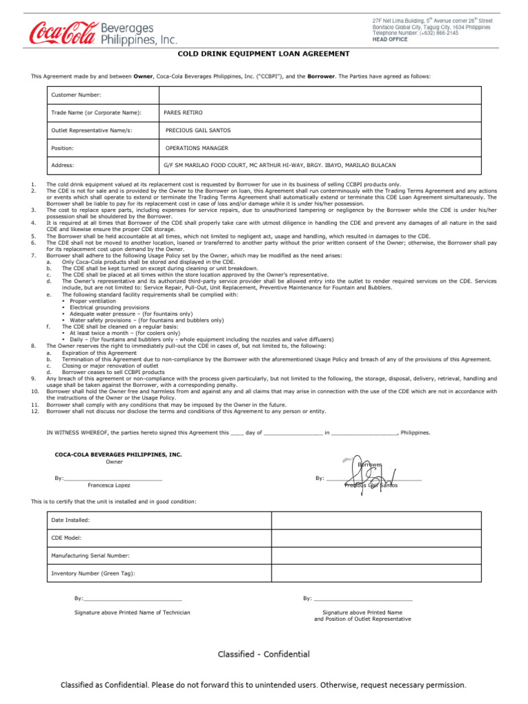 COKE - CDELA - Cold Drink Equipment Loan Agreement | PDF