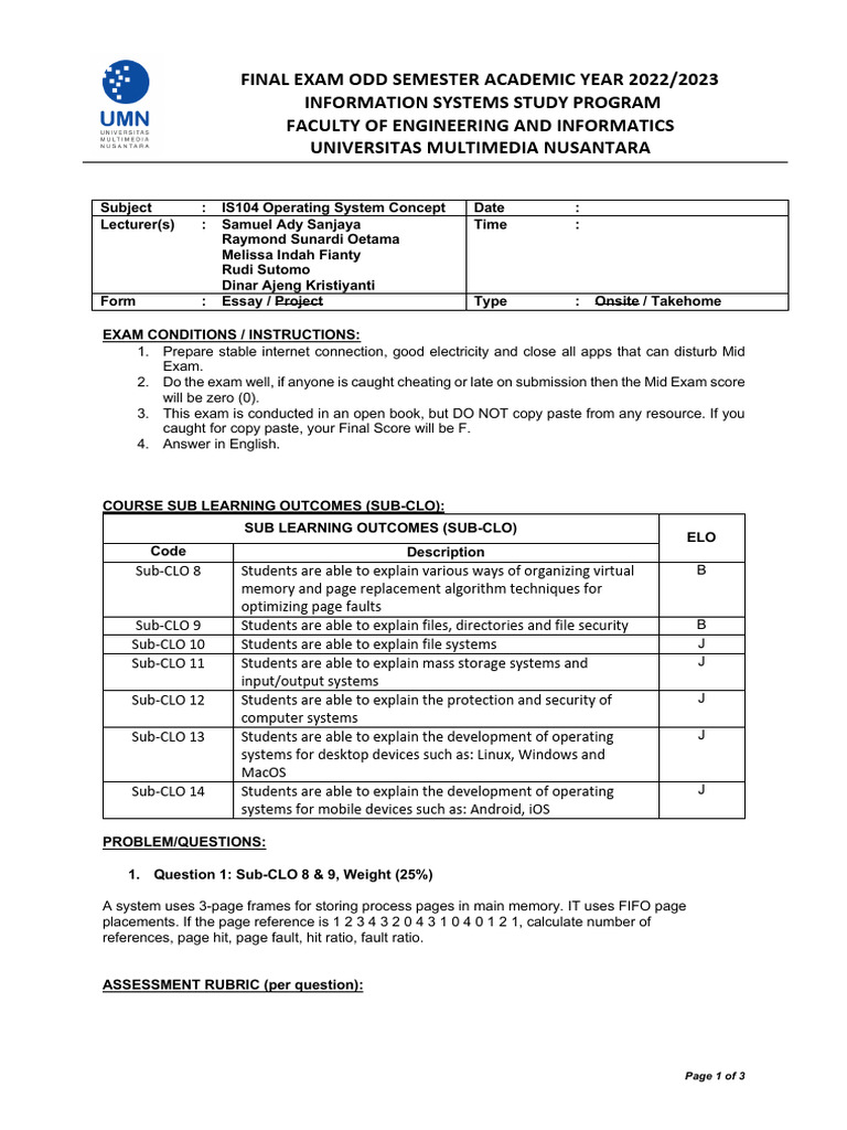 Takehome Final Exam IS104 Operating System Concept - Odd2223 | PDF ...