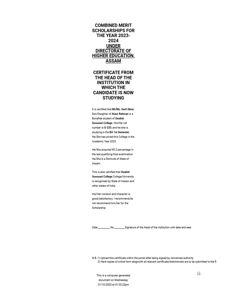 Declaration Form - Directorate of Higher Education | PDF